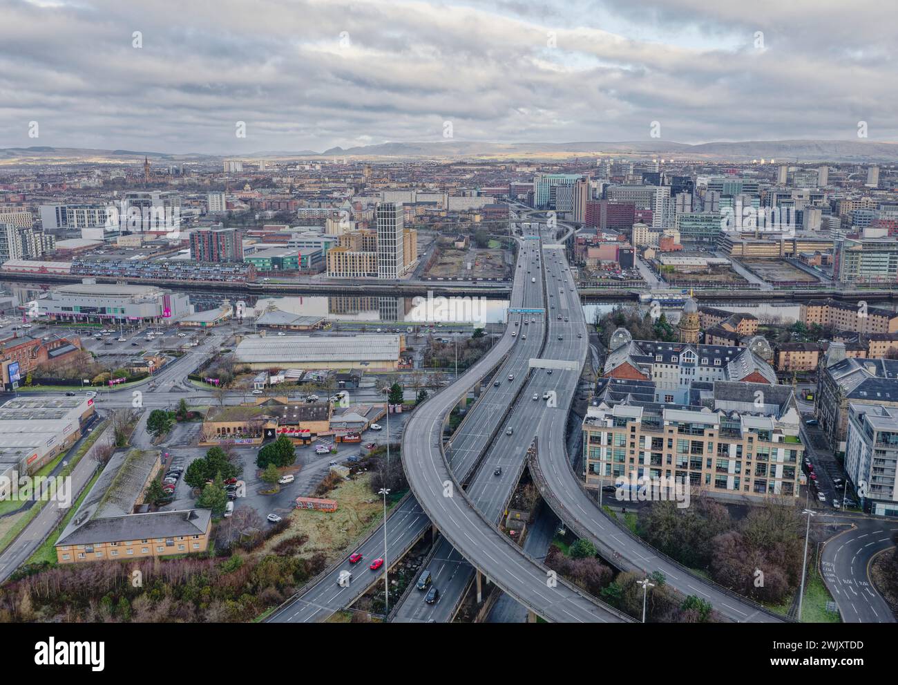 Aerial view of the Kingston Bridge over the River Clyde and M8, M74 ...