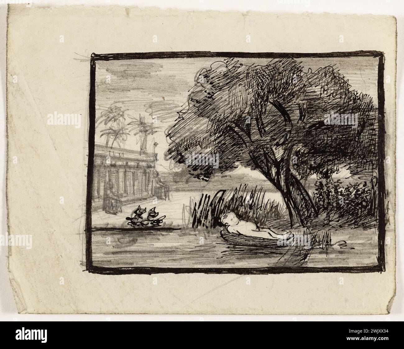 Arthur-Joseph Guéniot (1866-1951). Moses child in a cradle on the Nile ...