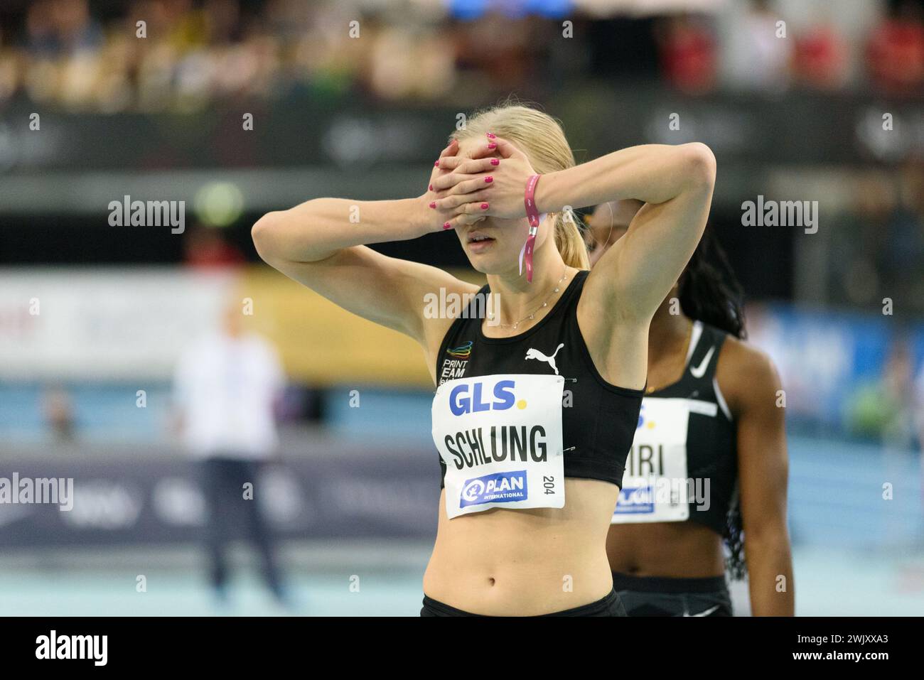 Carolin Schlung (Wetzlar sprint team) holds her hands in front of her ...