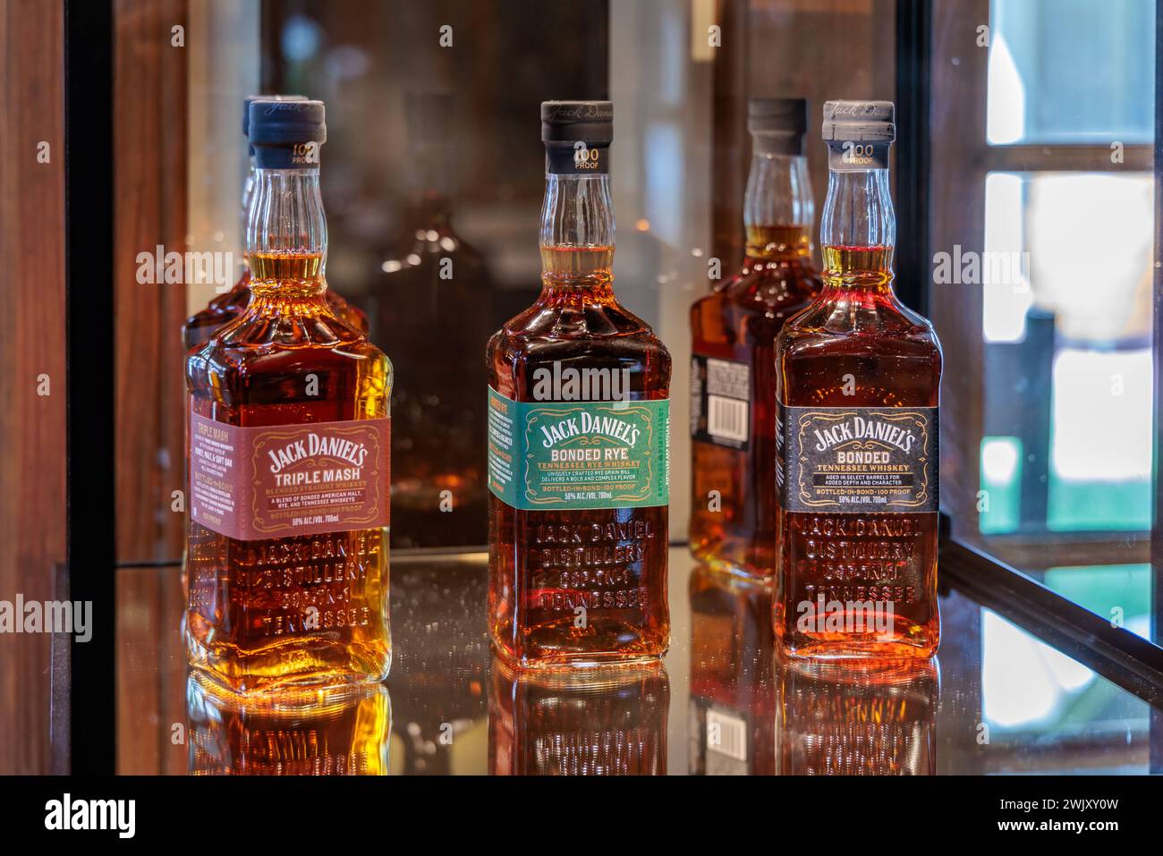 Jack Daniel's whiskey products on display at the Visitor Center of the ...