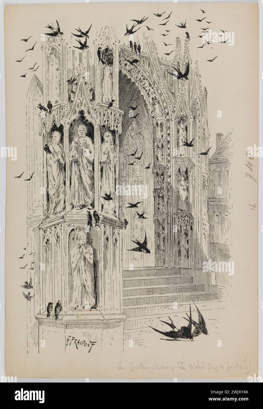 Gustave Fraipont (1849-1923). "Vignette" the nestled under the portal ...