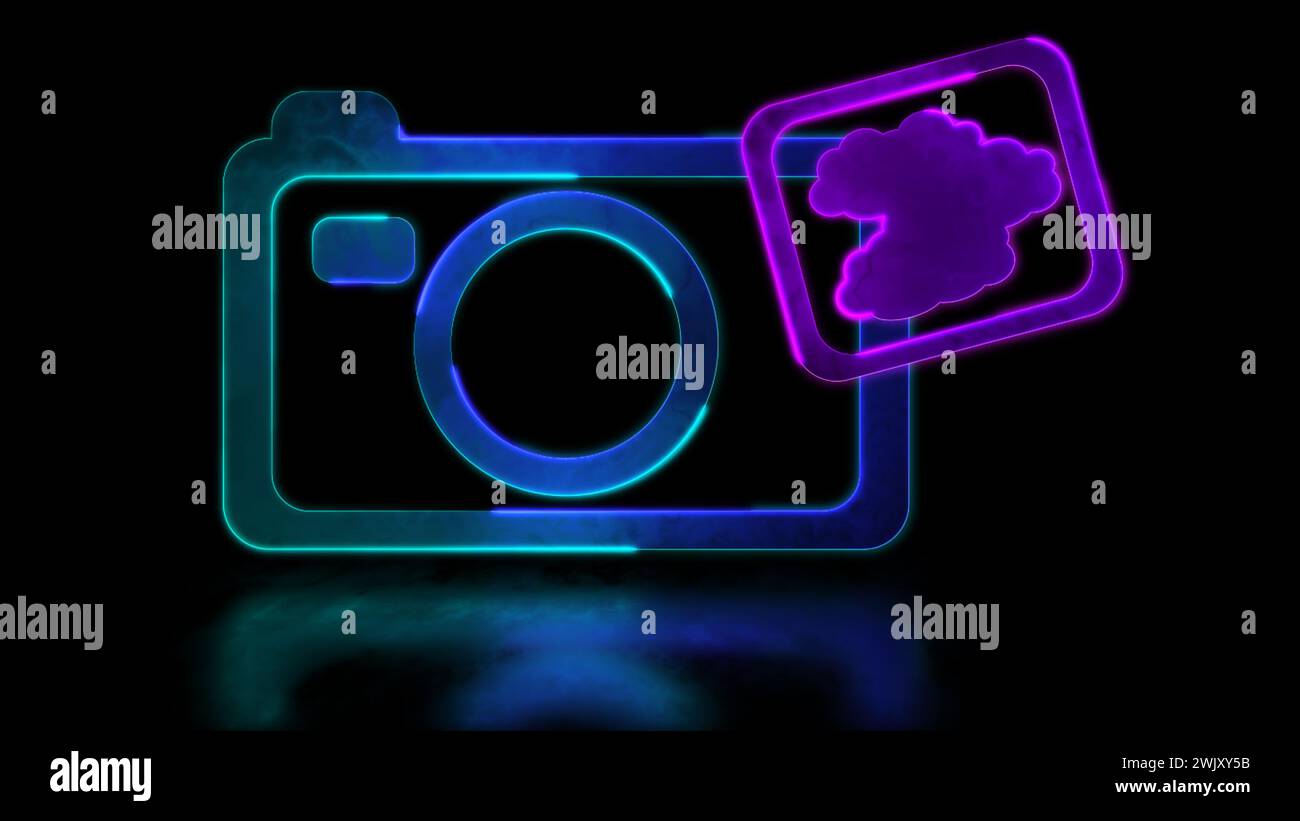 Looping neon glow effect camera icon, black background Stock Photo - Alamy