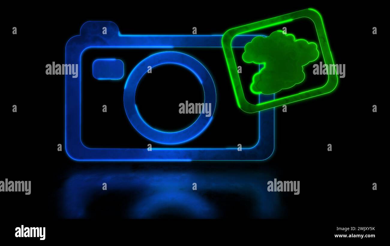 Looping neon glow effect camera icon, black background Stock Photo - Alamy