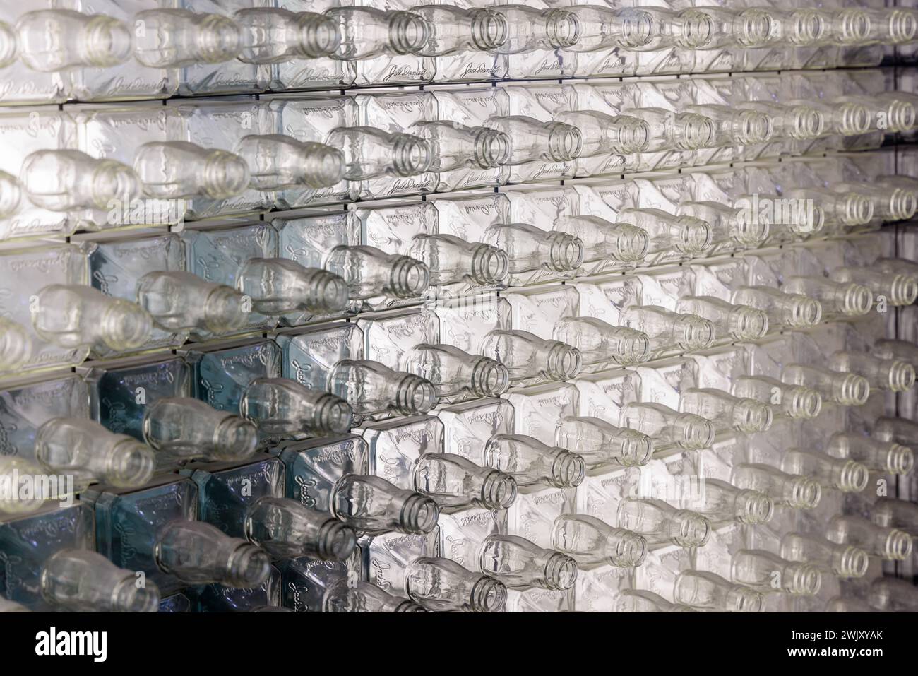 Wall of empty glass whiskey bottles at the Visitor Center of the Jack ...