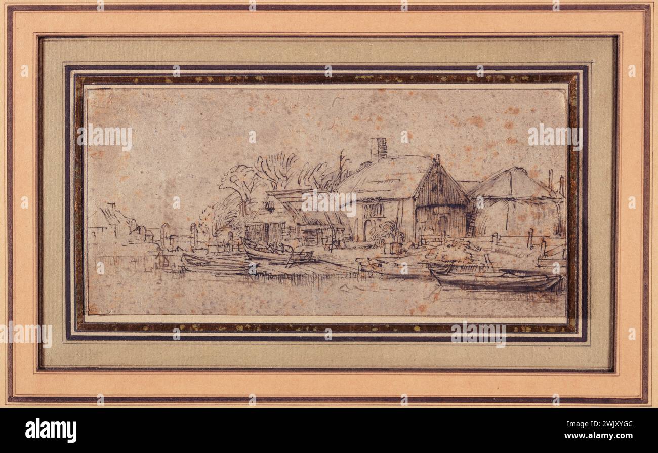 Rembrandt (1606-1669). Buildings on the island, near Overtom. Brown ...