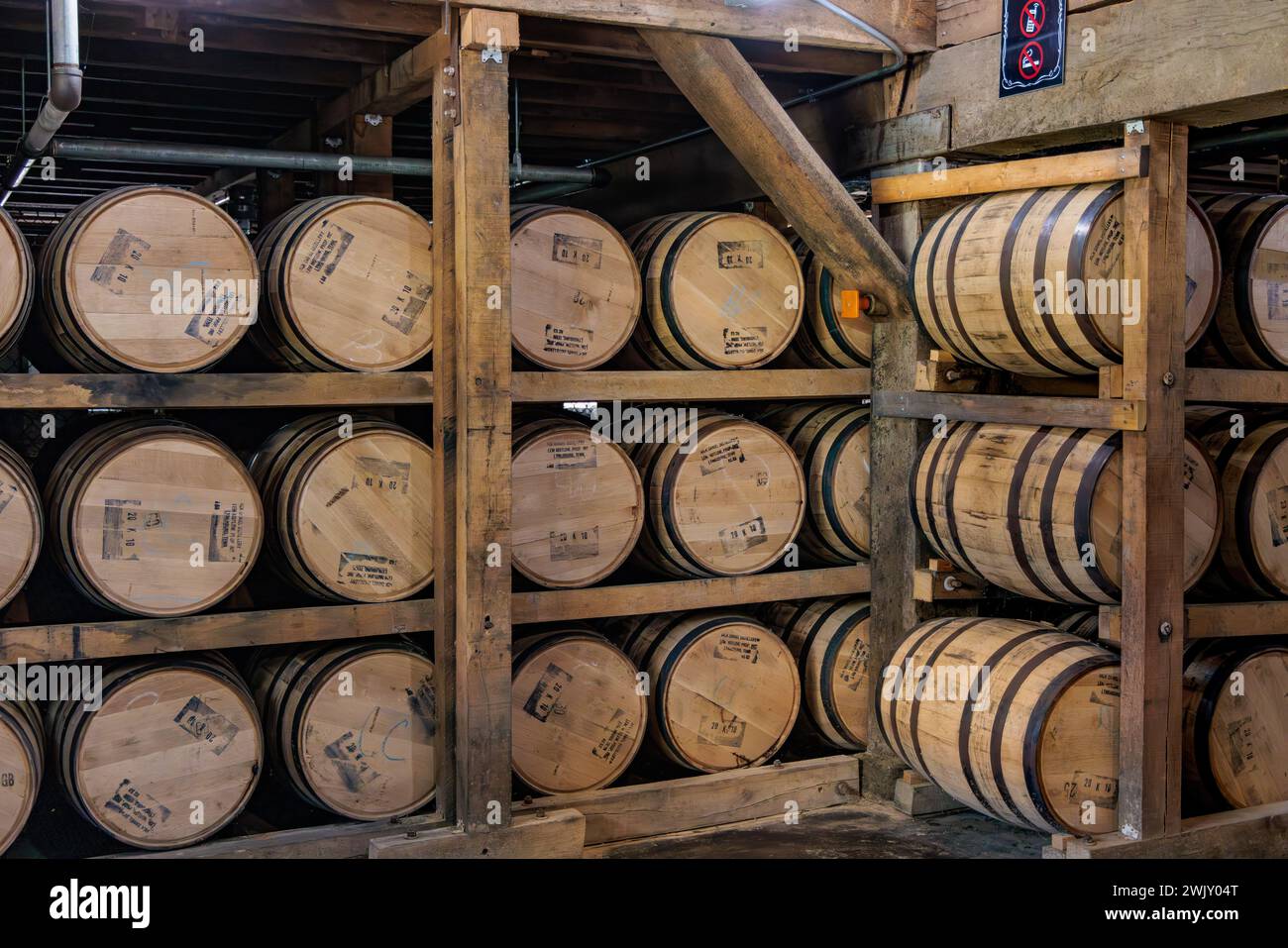 Barrels of whiskey aging in one of the barrel houses at the Jack Daniel ...