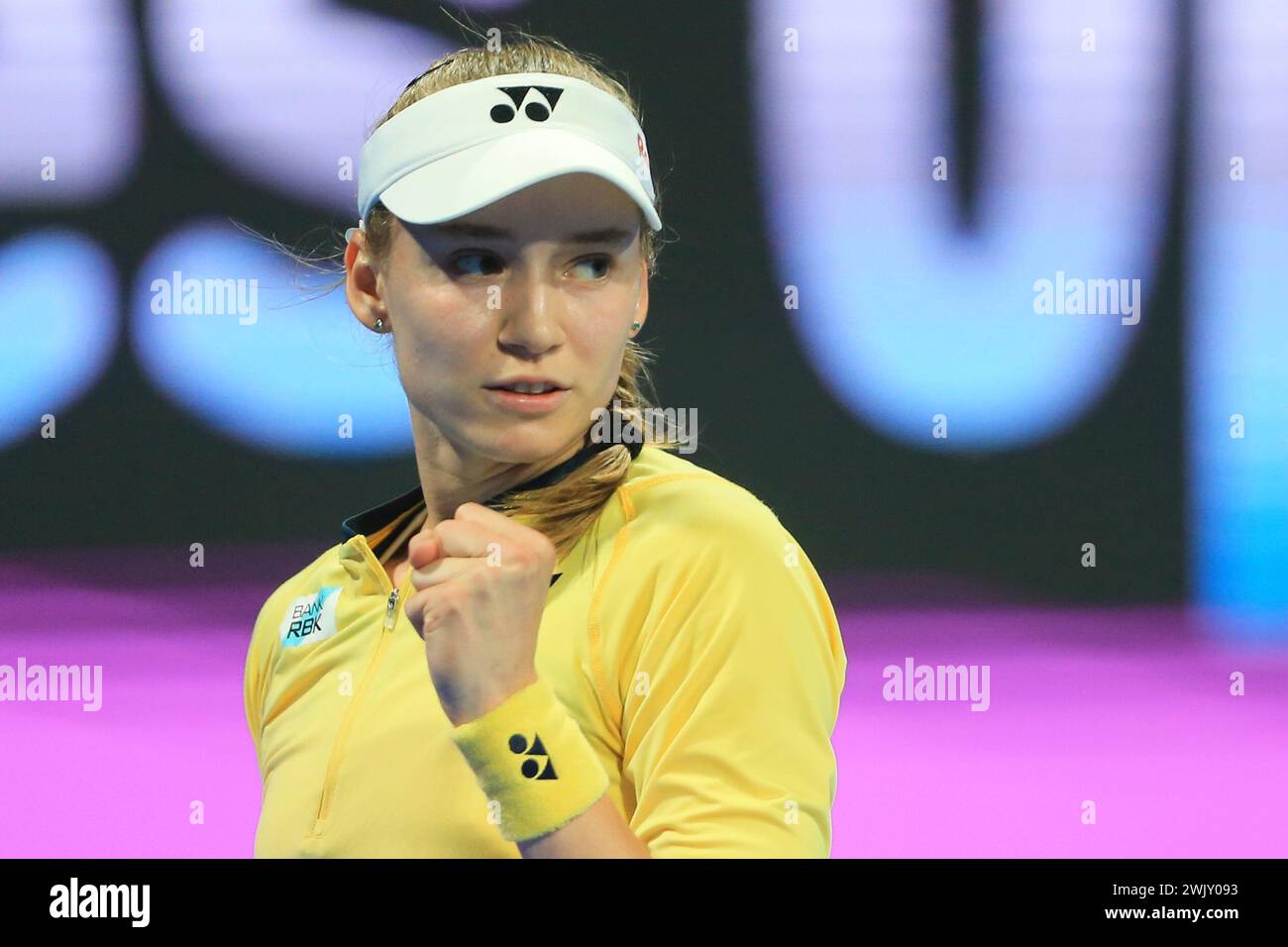 Kazakhstan's Ekaterina Rybakina reacts during a match against Poland's ...