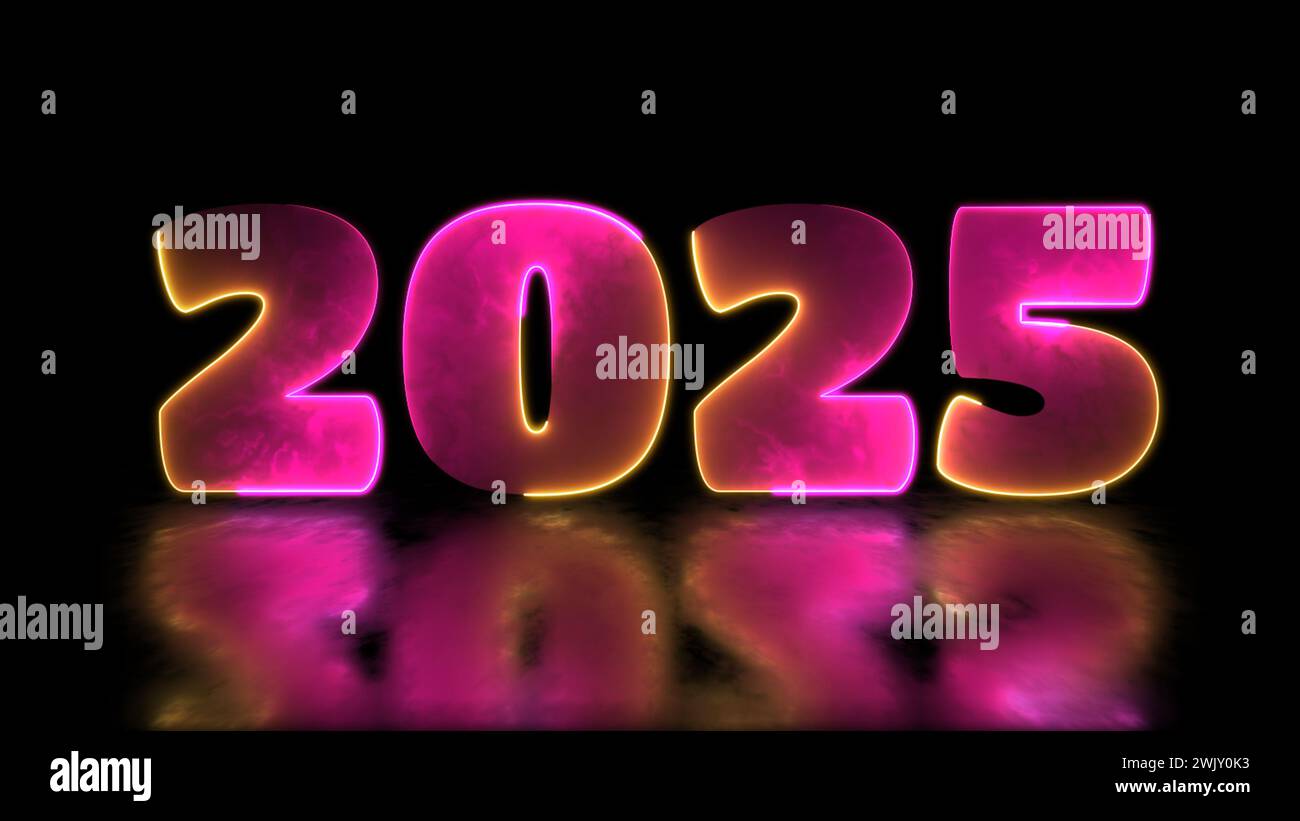 Looping neon glow effect 2025 new year icons, black background Stock ...