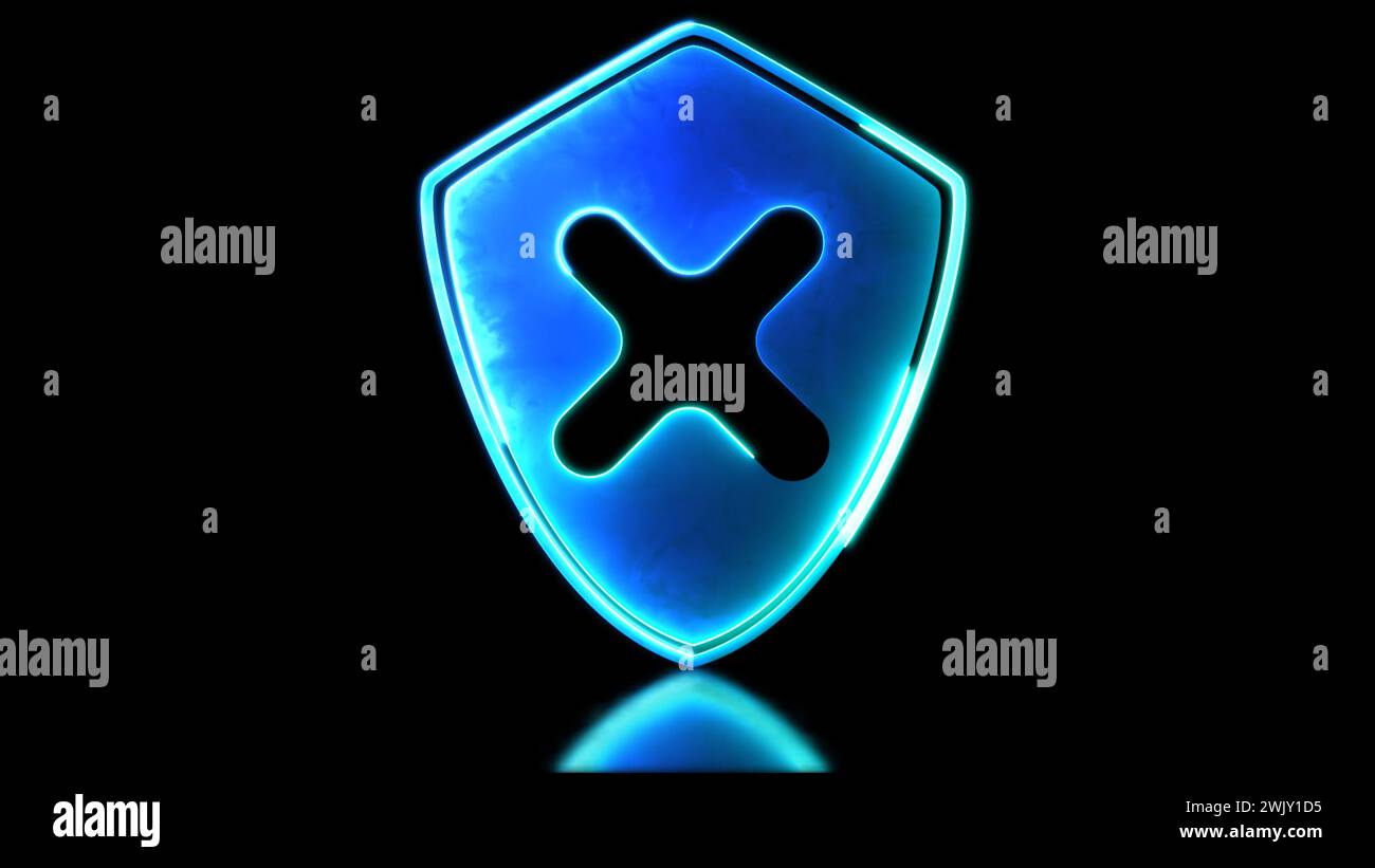 Neon light effect looping cross icon on shield. Black background Stock ...