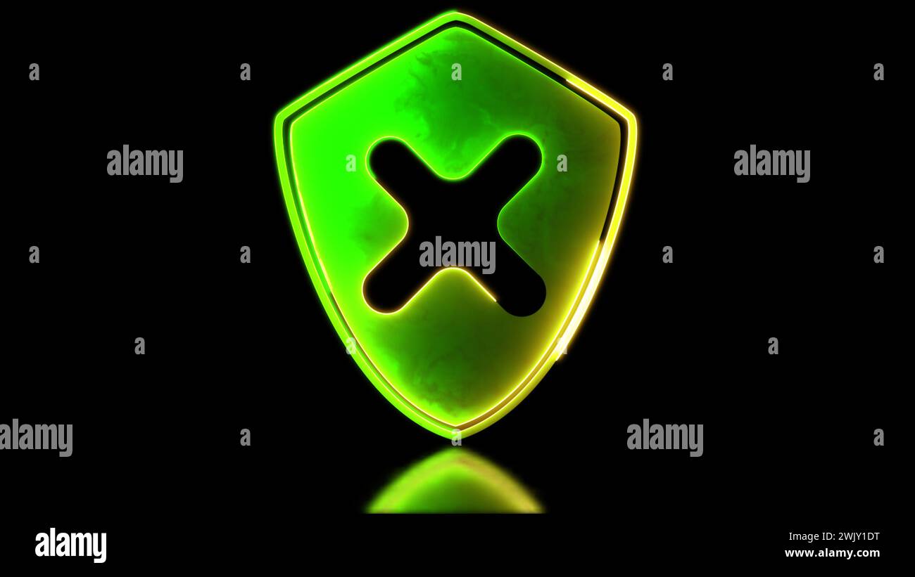 Neon light effect looping cross icon on shield. Black background Stock ...