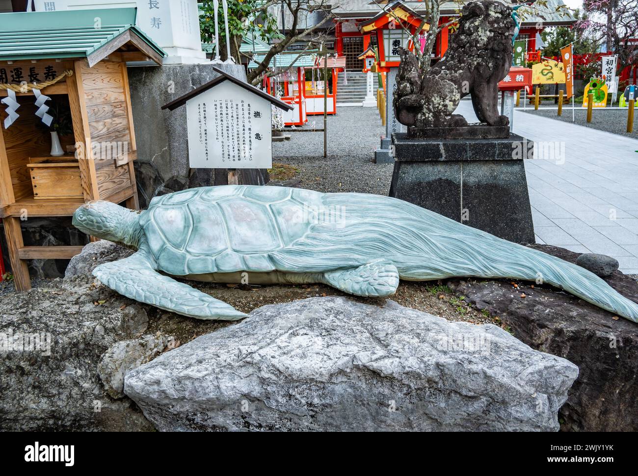 Statue of sacred turtle carved out of stone. Hakozaki Hachiman Shrine ...
