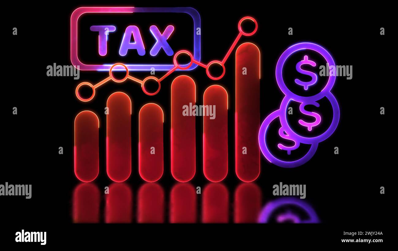Looping neon glow effect Tax and finance icons Black background Stock ...