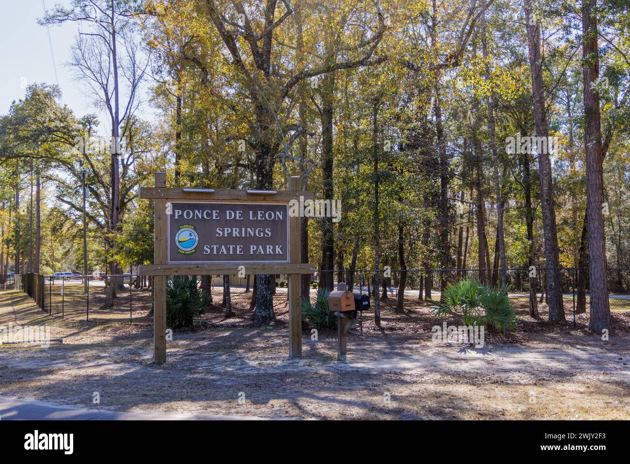 Sign at entrance to Ponce de Leon Springs State Park in Ponce de Leon ...