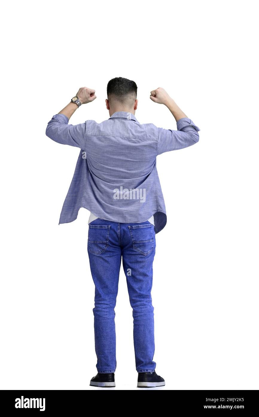 A man, full-length, on a white background, raised his hand up Stock ...