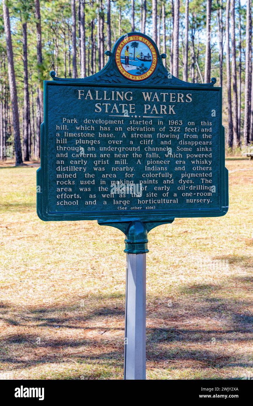 Sign tells the history of Falling Waters State Park in Chipley, Florida ...