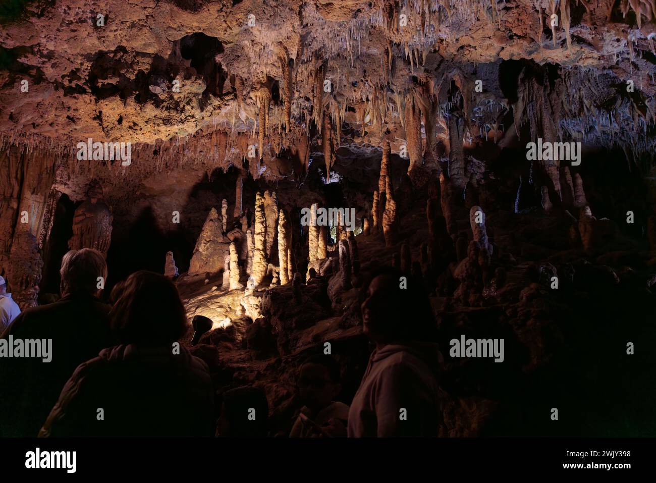 Tourists walking past limestone rock formations in a cave at Florida ...