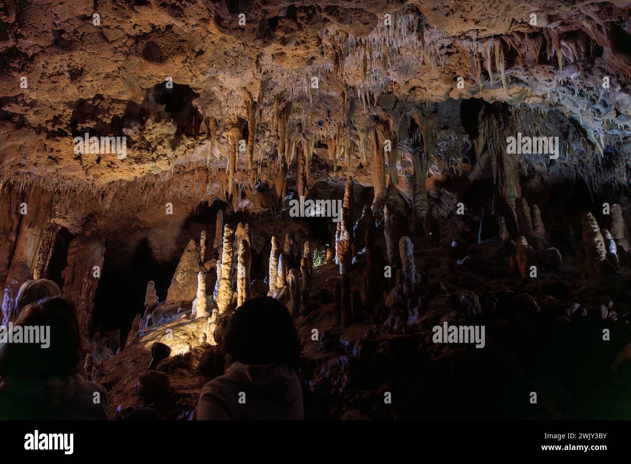 Tourists walking past limestone rock formations in a cave at Florida ...