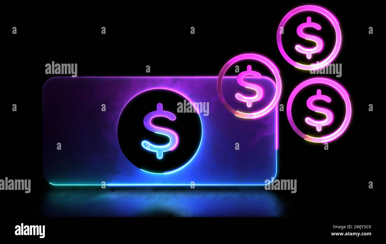 Looping neon glow effect Financial banknotes and coins icons, black ...