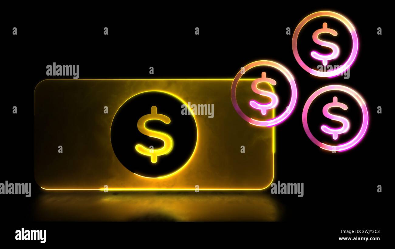 Looping neon glow effect Financial banknotes and coins icons, black ...
