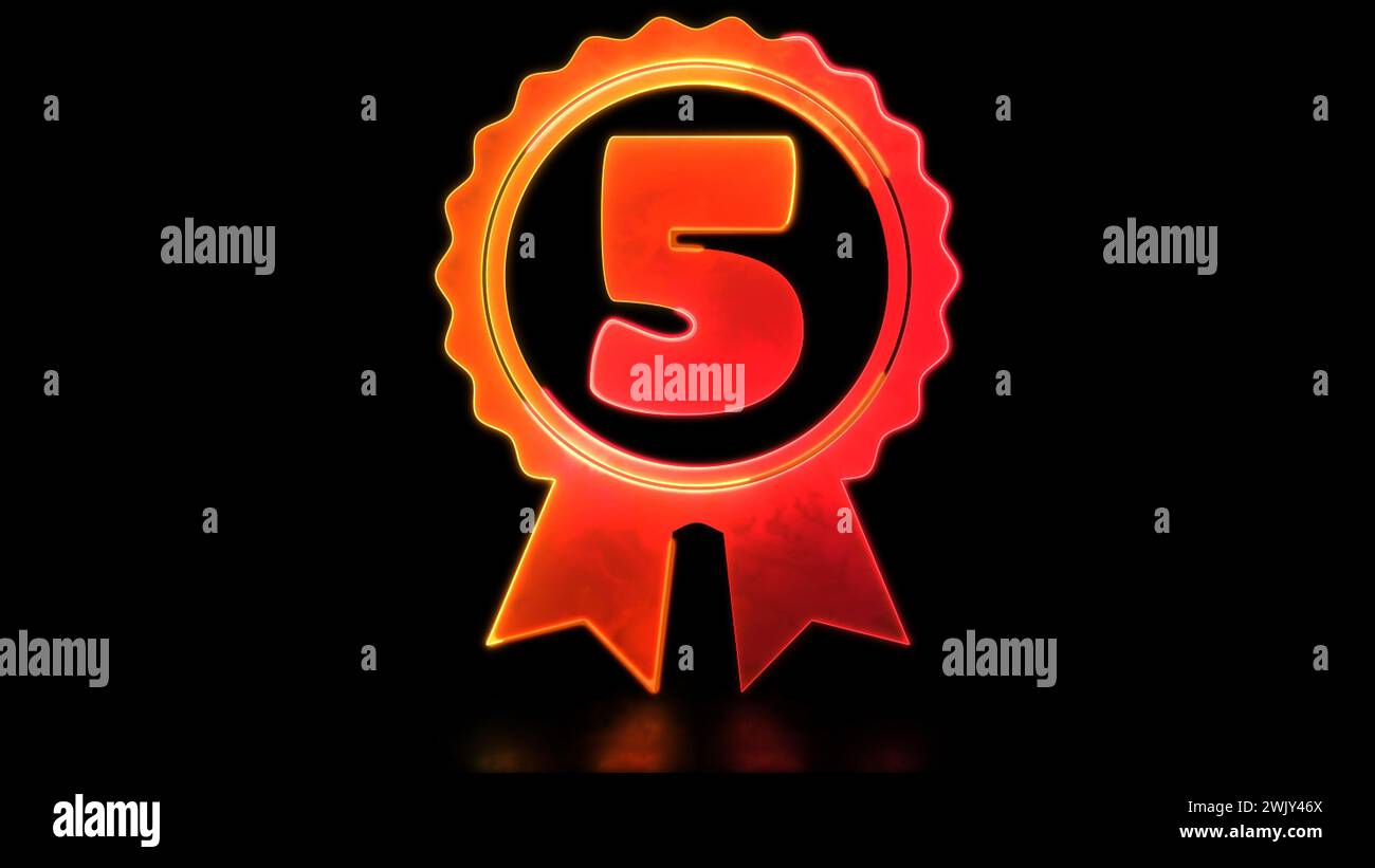 Looping neon glow effect Quality award level 5 icon, black background ...
