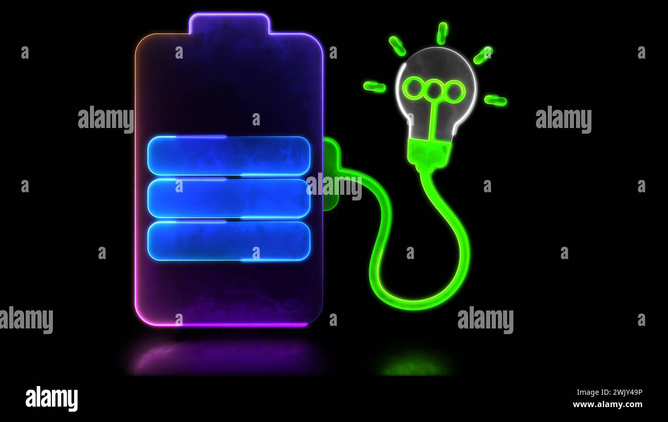 Looping neon glow effect Idea light bulb charging battery icon, black ...