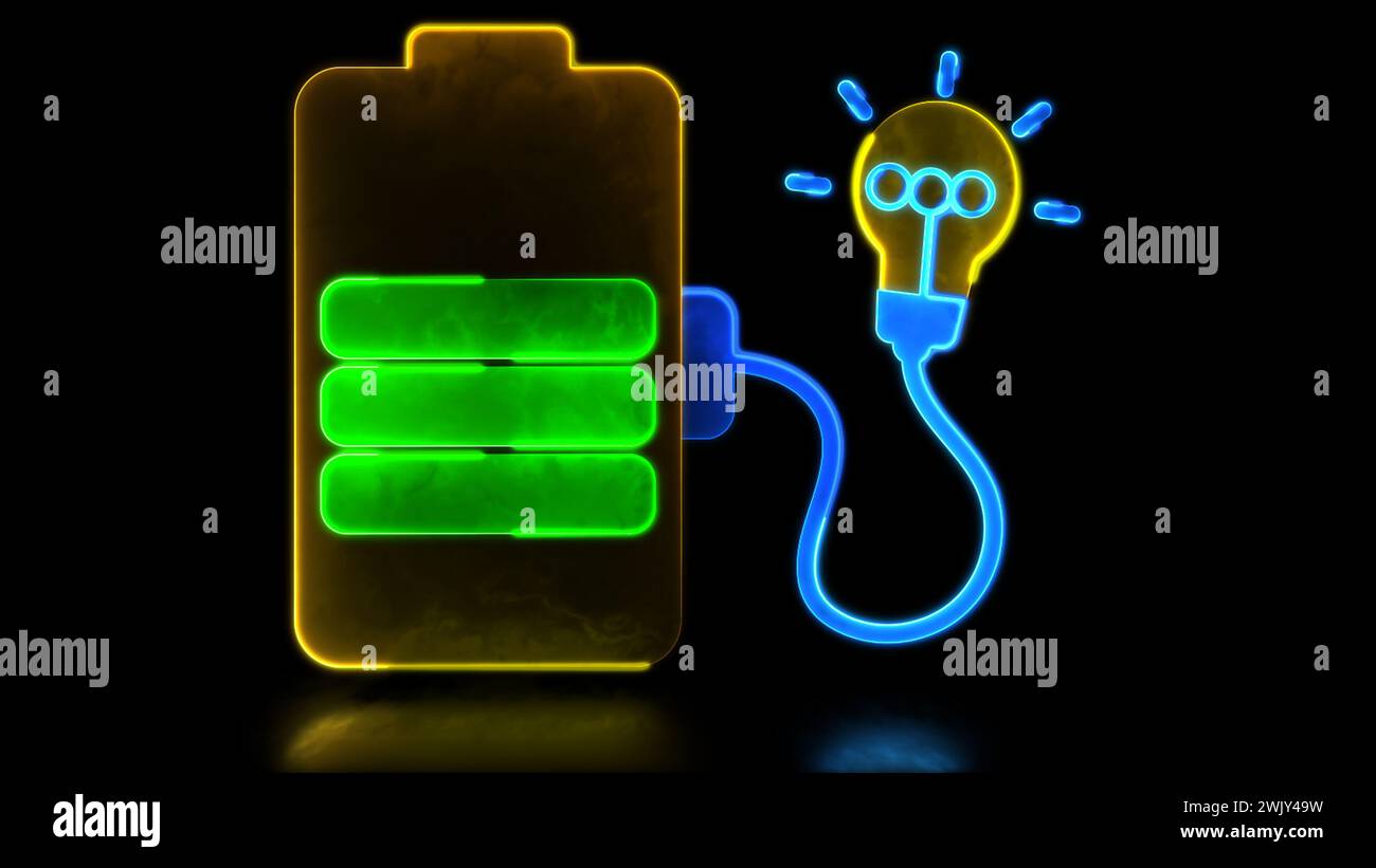 Looping neon glow effect Idea light bulb charging battery icon, black ...