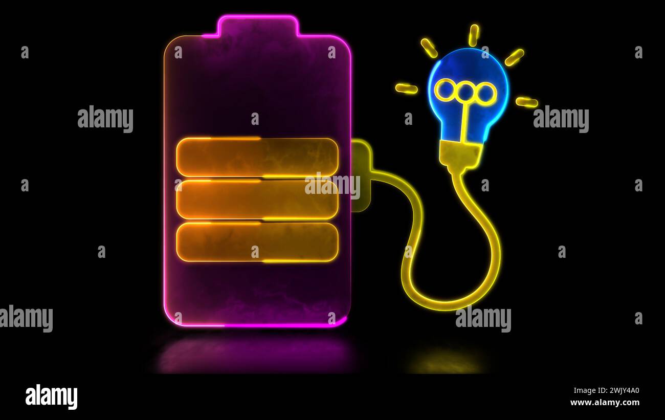 Looping neon glow effect Idea light bulb charging battery icon, black ...