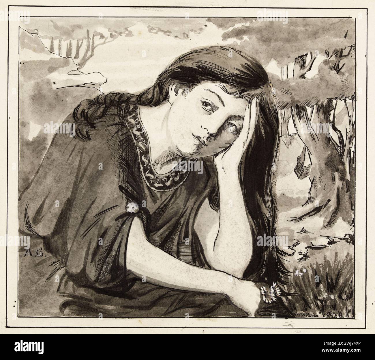 Arthur-Joseph Guéniot (1866-1951). Woman seated, long hair, her head ...