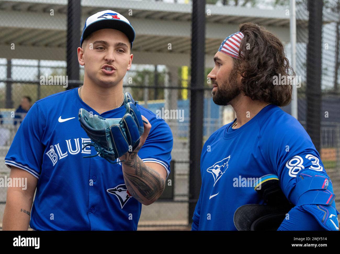 Toronto Blue Jays pitcher Ricky Tiedemann, left, talks with catcher ...