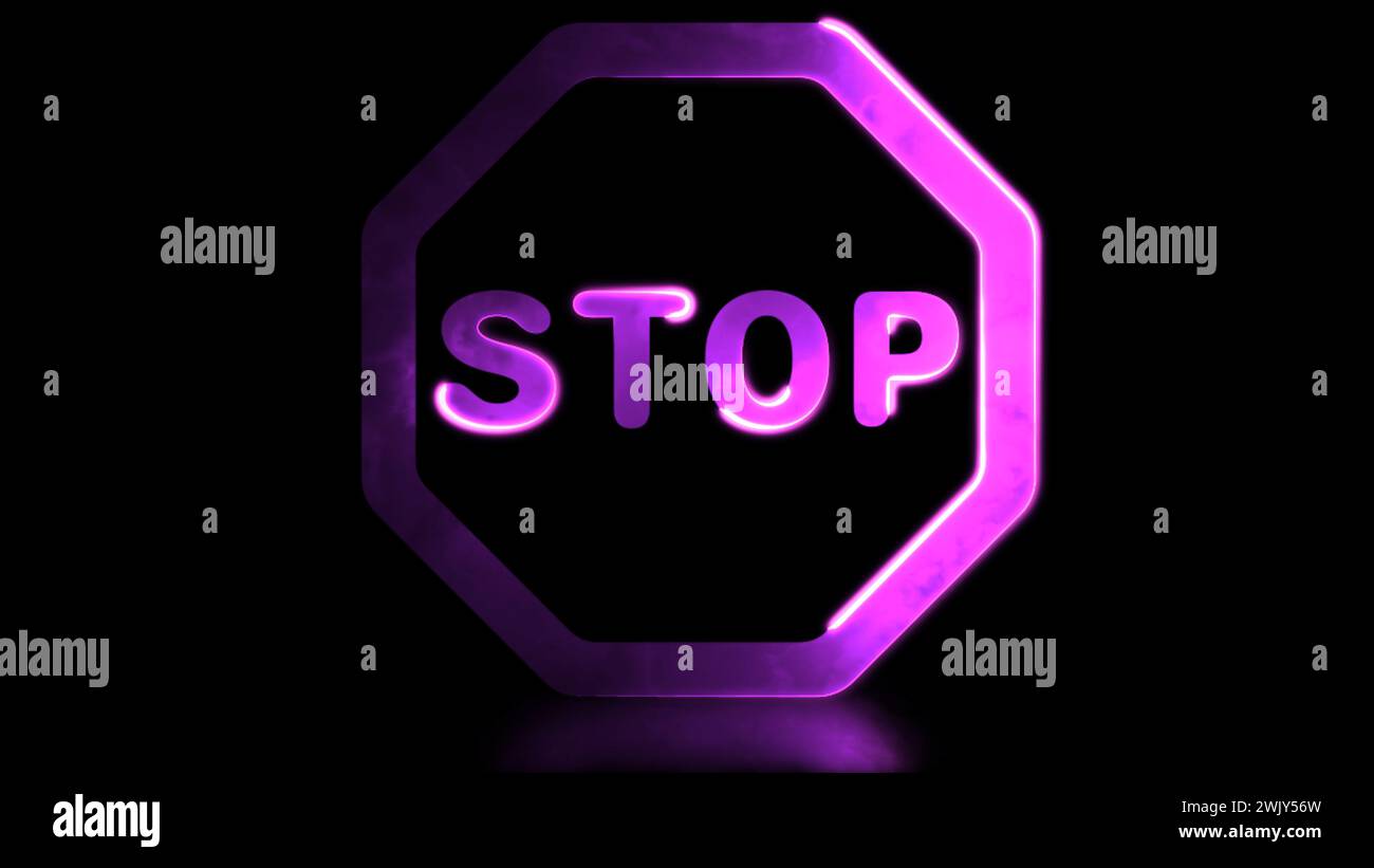 Glowing neon frame effect looping stop sign symbol, black background ...