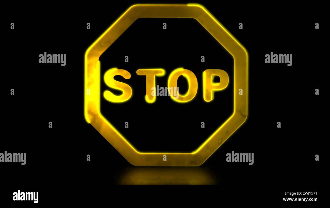 Glowing neon frame effect looping stop sign symbol, black background ...