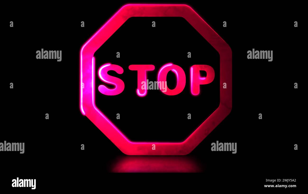 Glowing neon frame effect looping stop sign symbol, black background ...