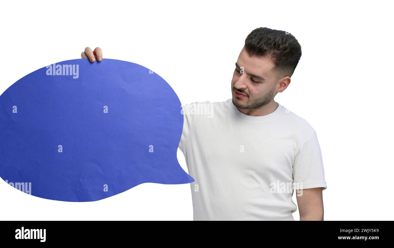 A man, close-up, on a white background, shows a blue comment sign Stock ...
