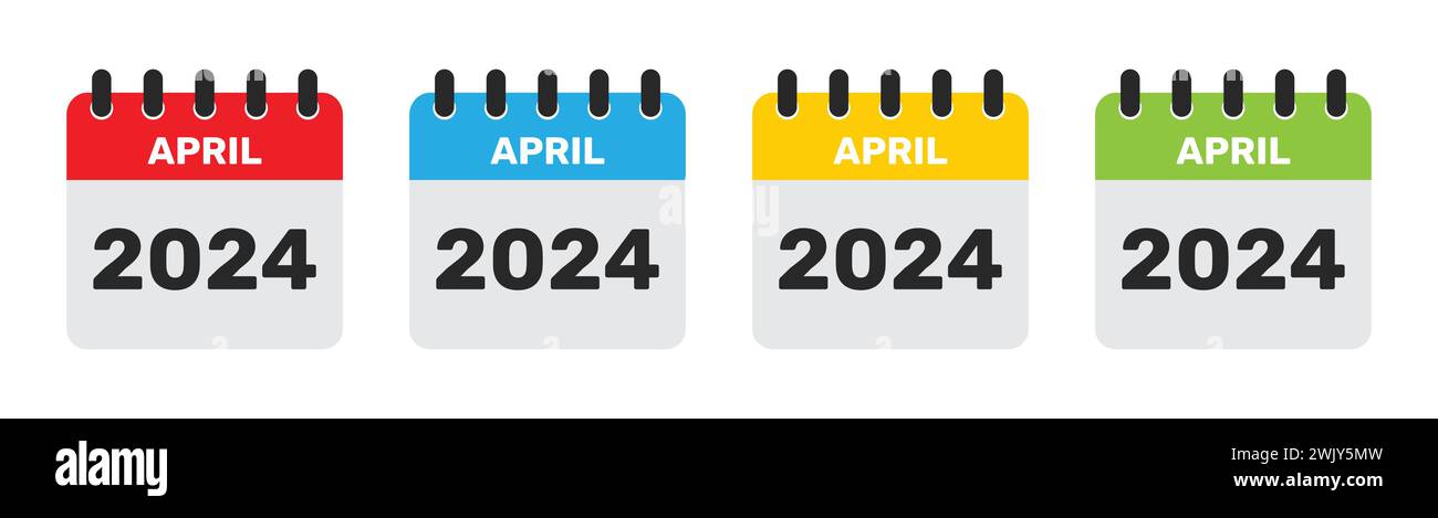 April 2024 calendar in four different colors. 2024 april calendar icon set in red, blue, yellow ...