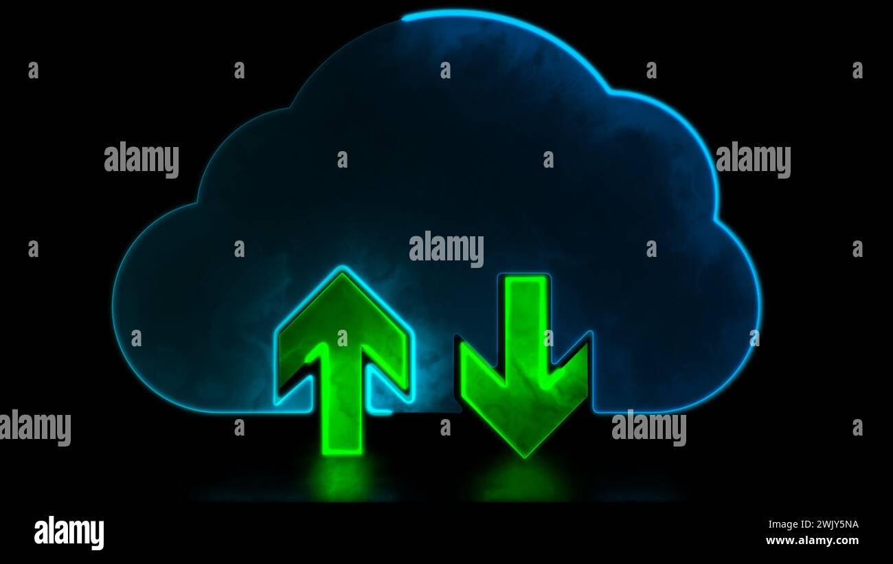 Neon light effect Cloud loading icon, send data, black background Stock ...