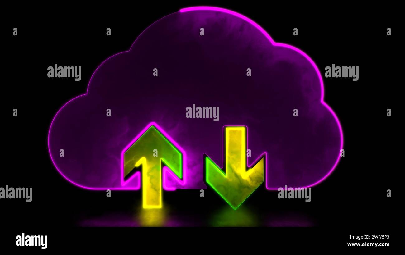 Neon light effect Cloud loading icon, send data, black background Stock ...