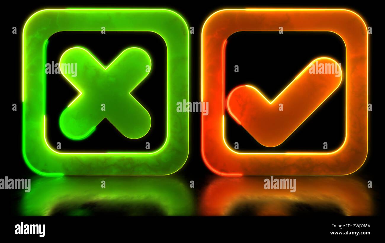 Looping neon glow effect Check mark correct icon with cross icon. Black ...