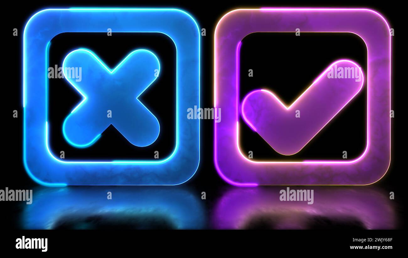 Looping neon glow effect Check mark correct icon with cross icon. Black ...