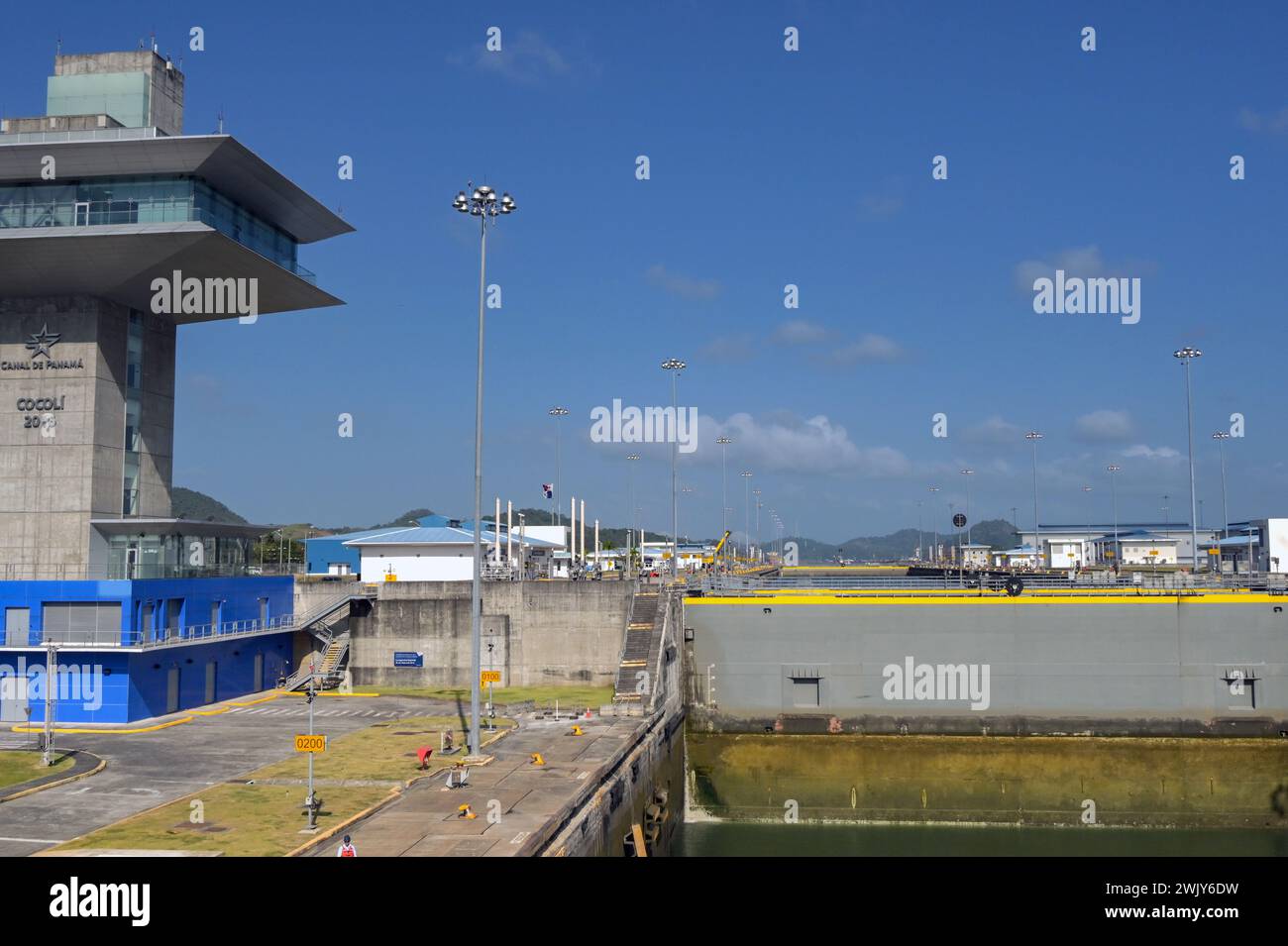 Panama Canal, Panama - 23 January 2024: Locks control tower and closed ...
