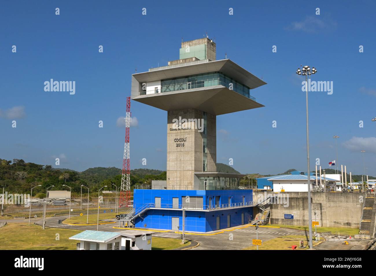 Panama Canal, Panama - 23 January 2024: Locks control tower at the ...