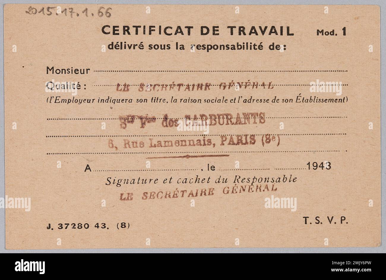 French Society of Fuels (SFC) (n. - D.), Mode -work certificate. 1 - J ...
