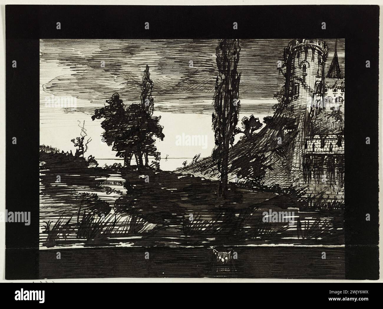 Arthur-Joseph Guéniot (1866-1951). The castle by the river. Feather ...