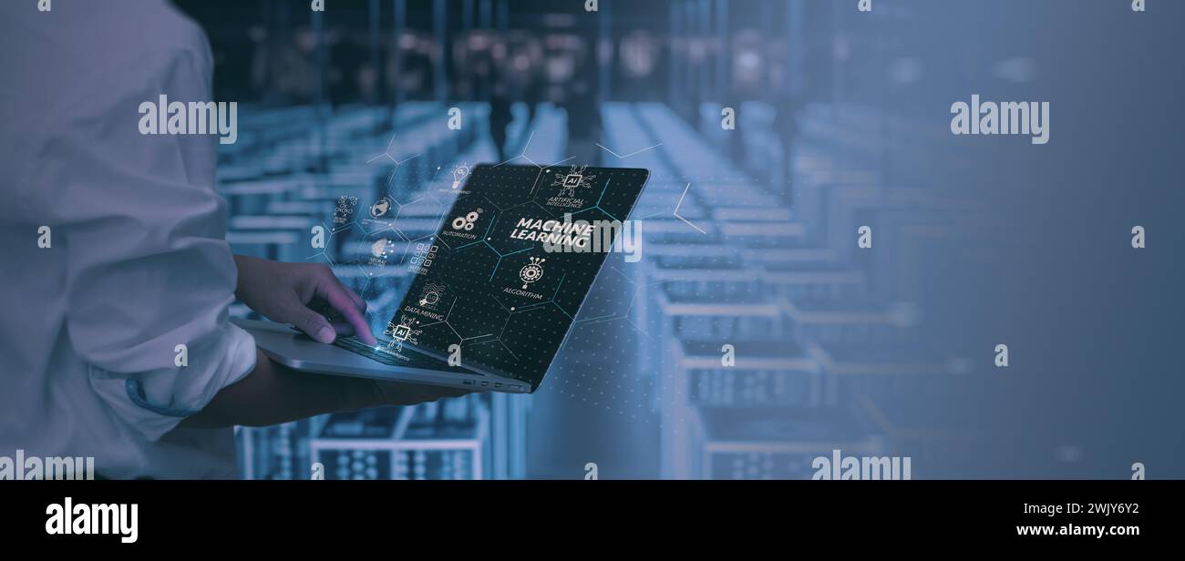 Engineer male using latop computer for AI advancements with machine ...