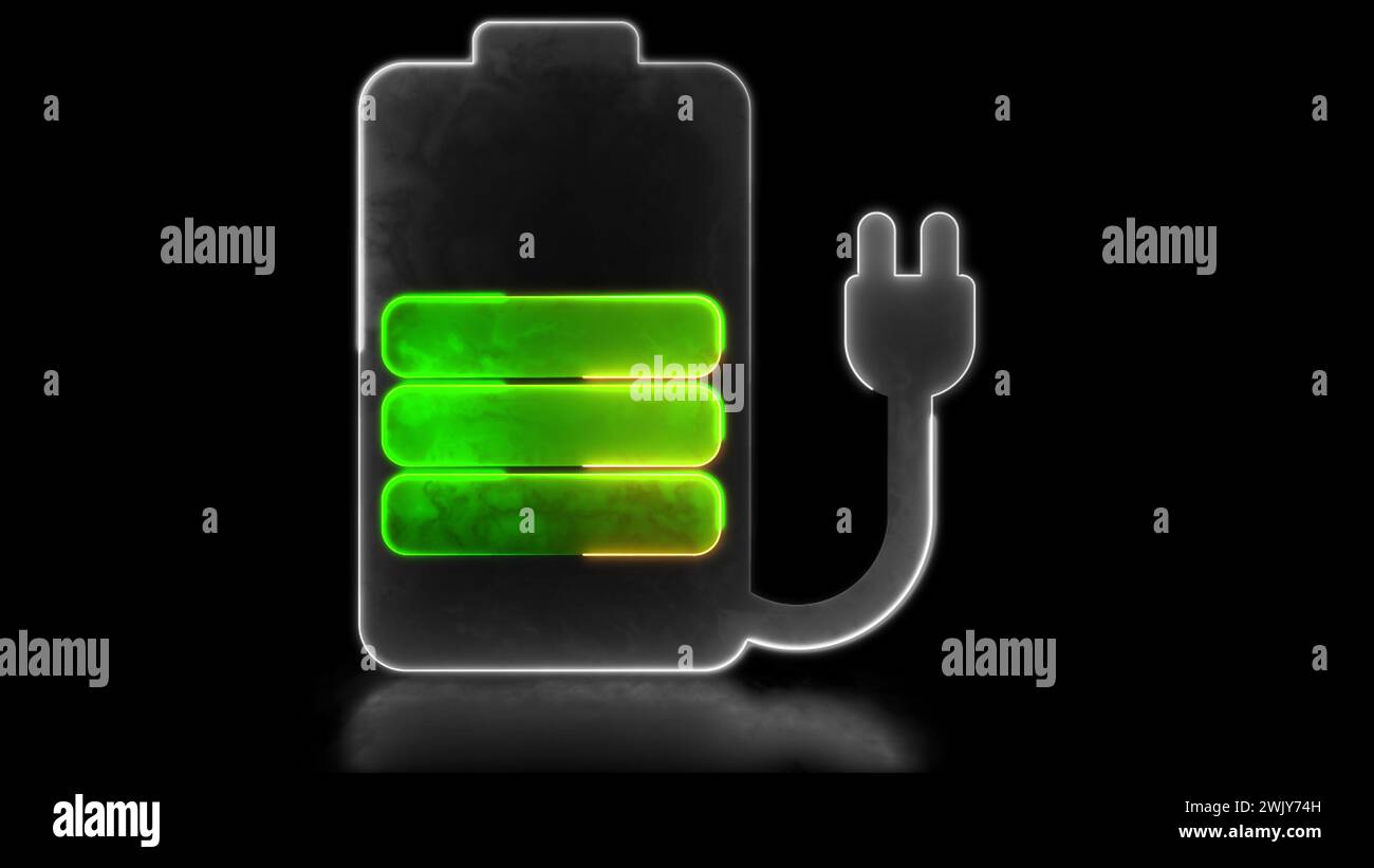 Looping neon glow effect battery charging icon Low battery warning ...