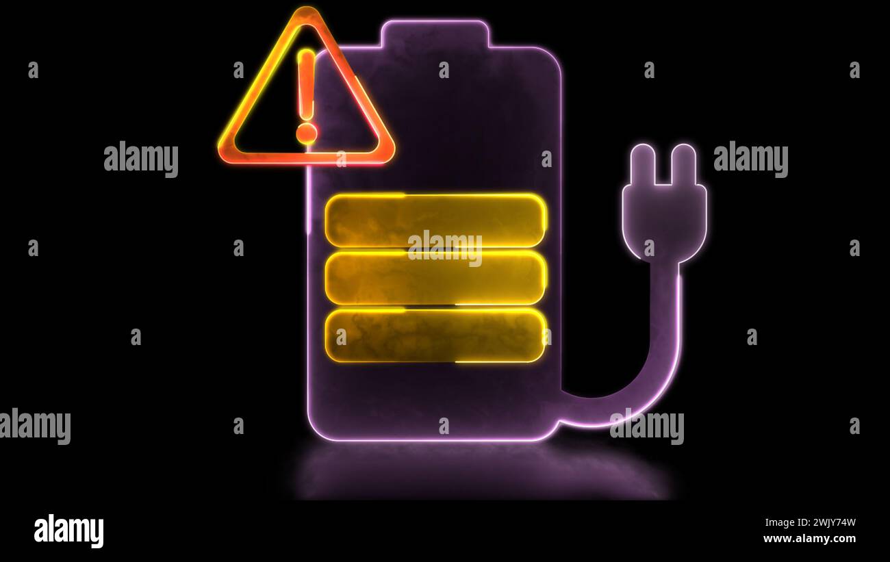 Looping neon glow effect battery charging icon Low battery warning ...