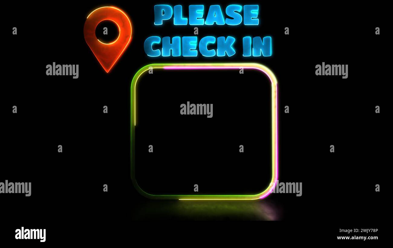 Looping neon glow effect Place check-in frame, black background Stock ...
