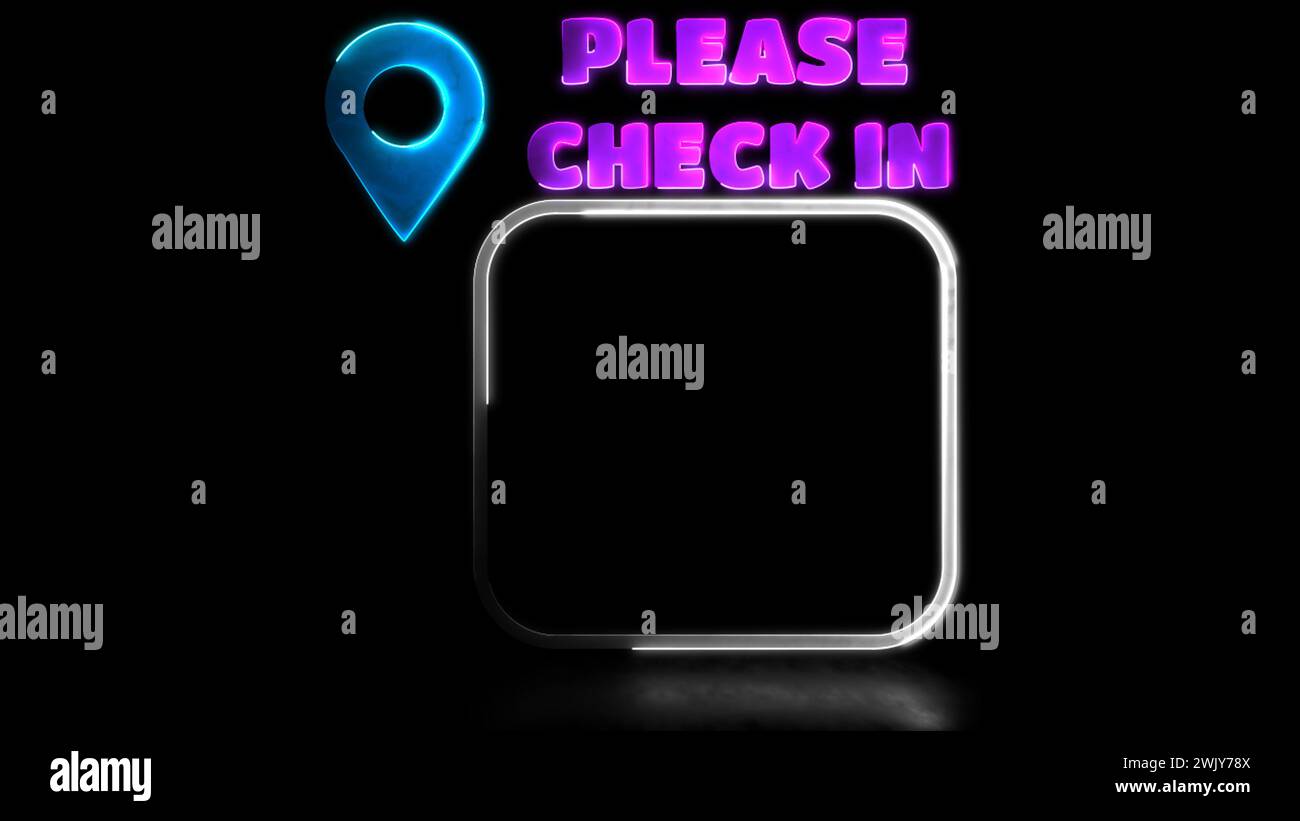 Looping neon glow effect Place check-in frame, black background Stock ...