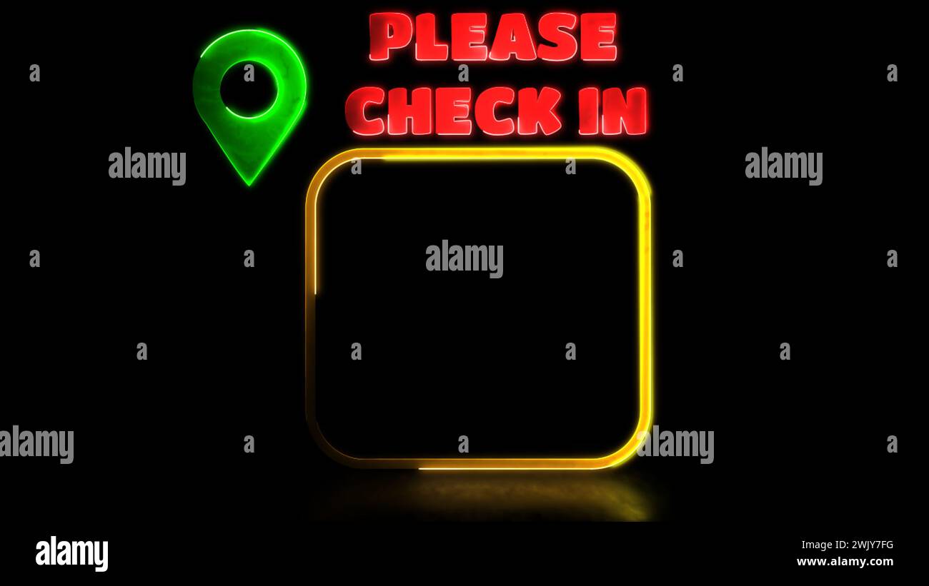 Looping neon glow effect Place check-in frame, black background Stock ...