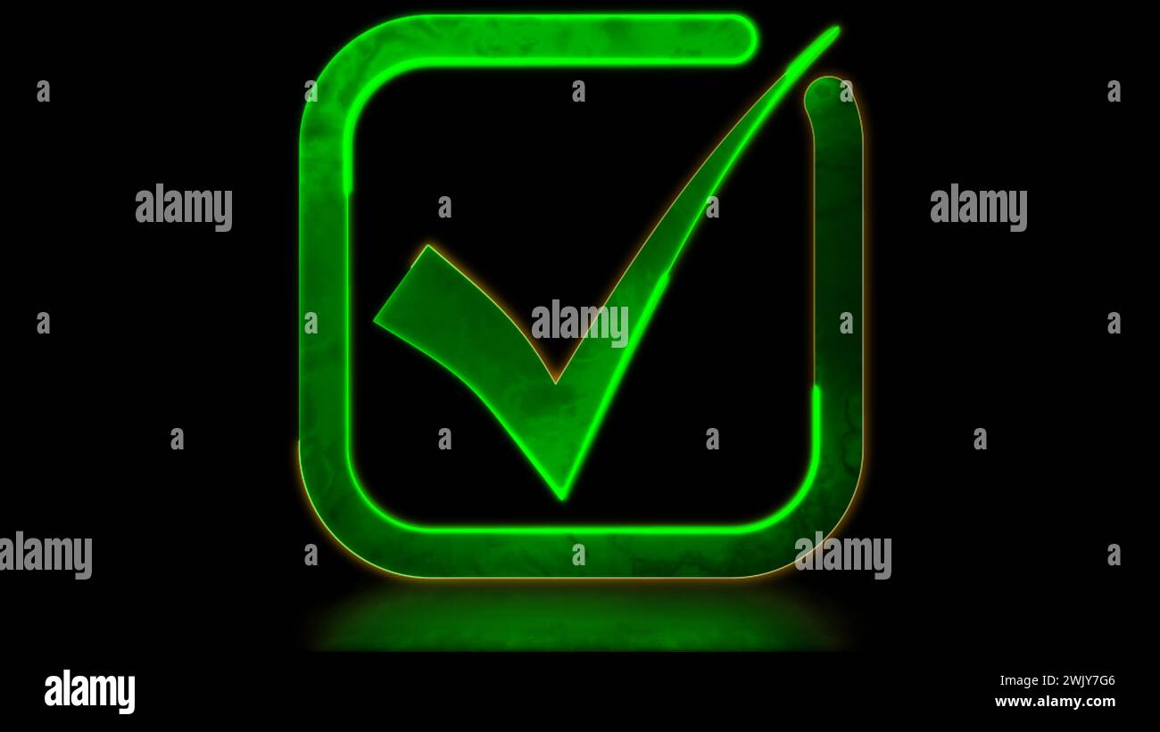 Looping neon glow effect Correct check mark icon. Black background ...
