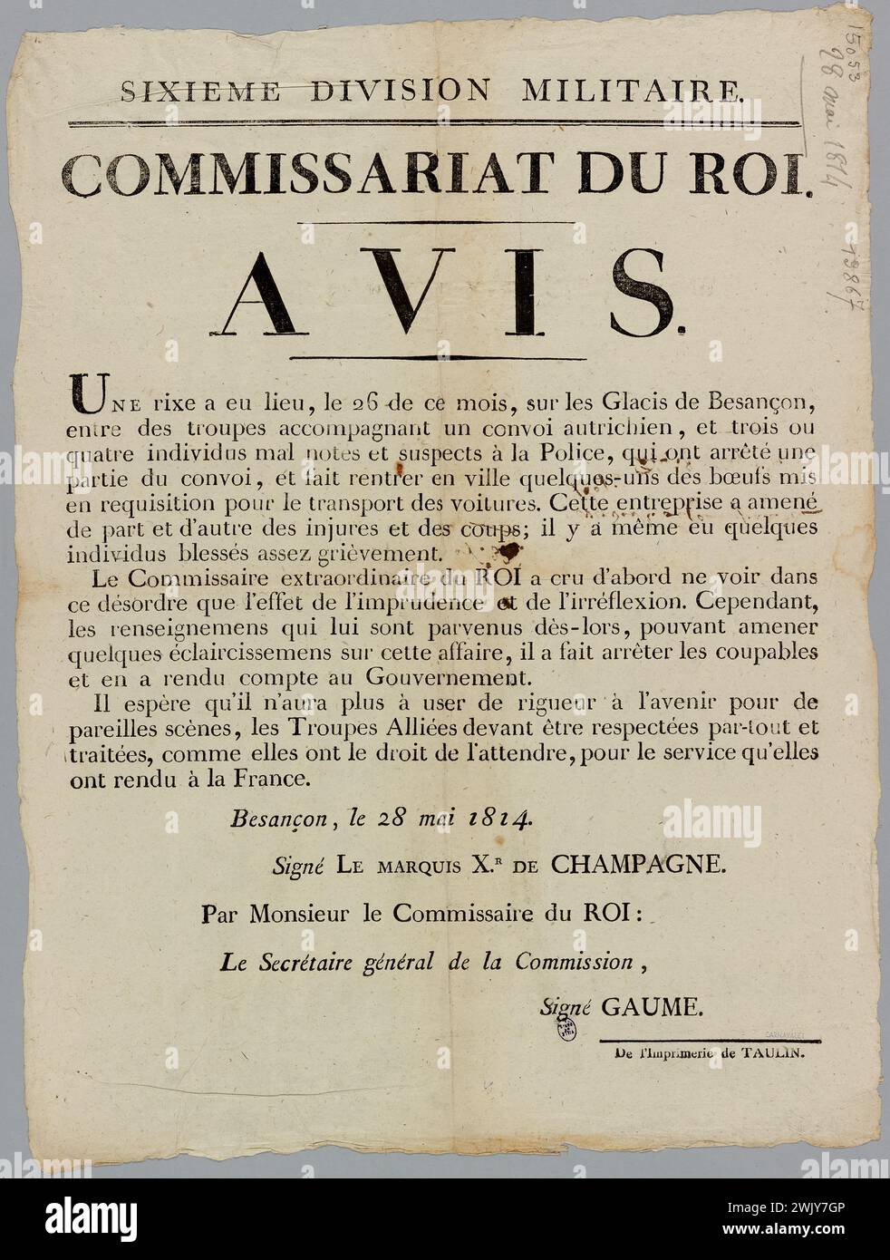 Taulin, Sixieme Military Division./ Commissariat du Roi./ Avis./ A ...